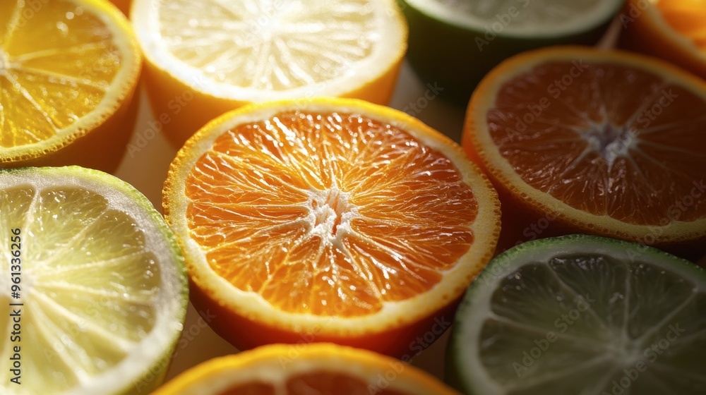 A close-up of sliced citrus fruits like oranges, lemons, and limes ...