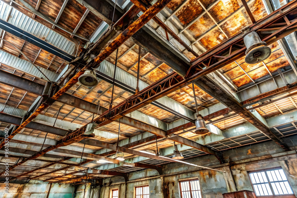 Industrial Ceiling: A rusty, intricate web of beams and supports ...