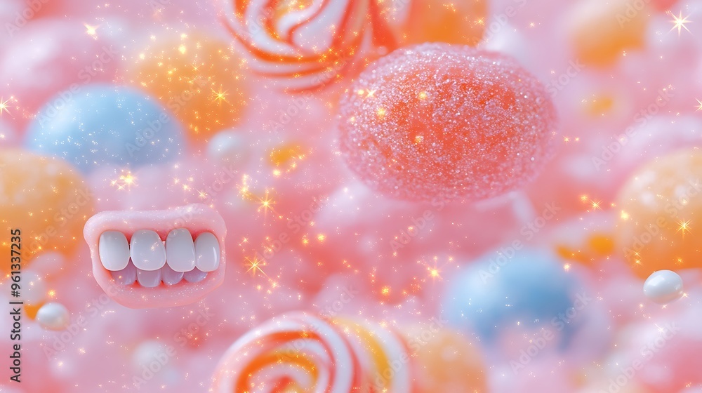 Cute vampire teeth with tiny smiles, floating among candy and glowing ...