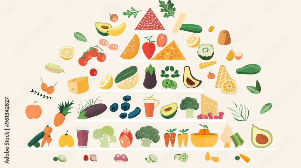 An infographic showing a balanced diet pyramid, with different food ...