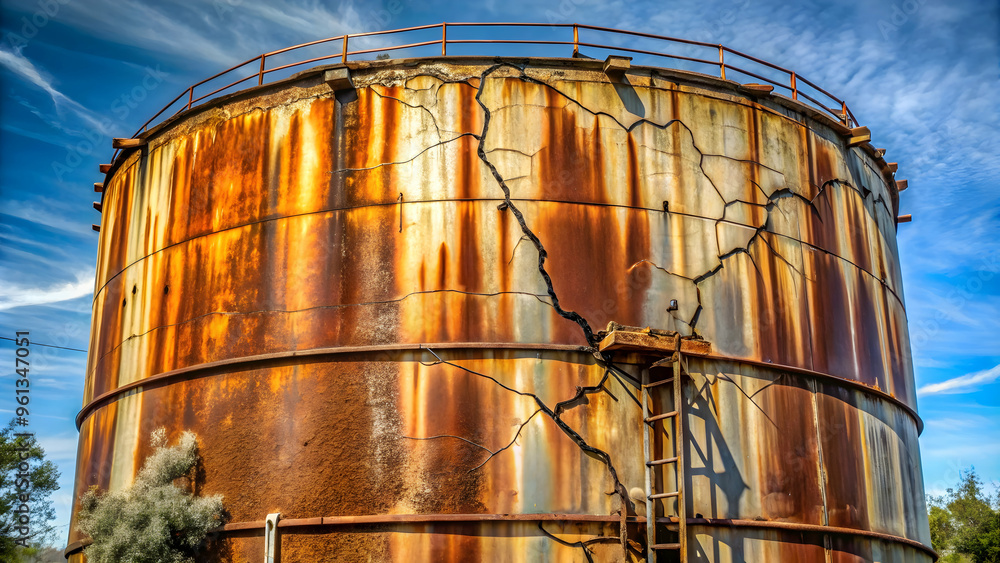 Rusty Giant: A towering industrial water tank stands against a bright ...