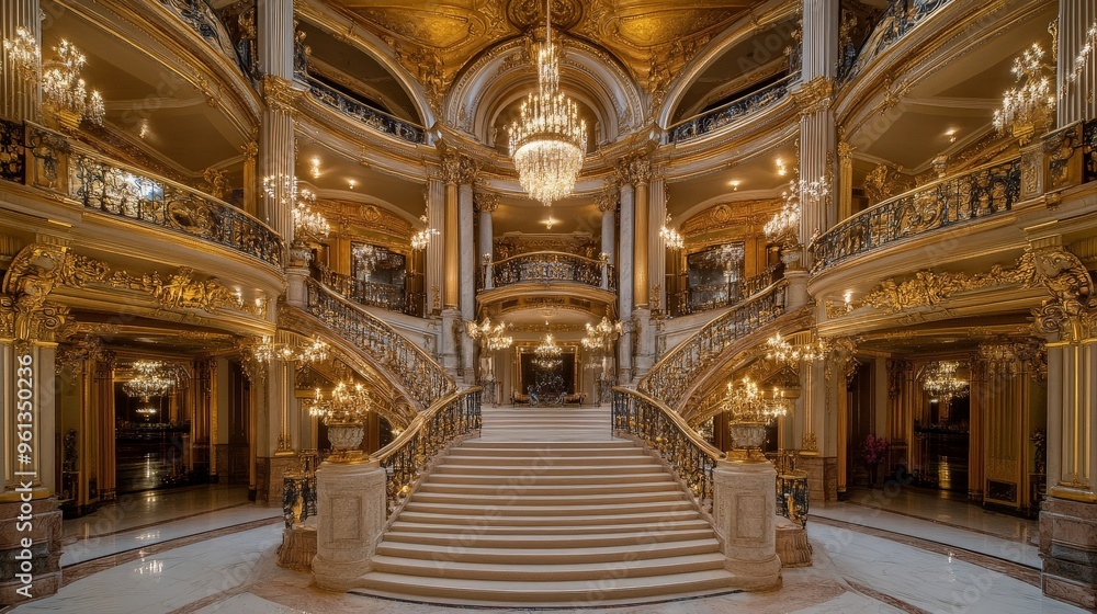 Envision a grand opera house with an opulent facade and luxurious ...