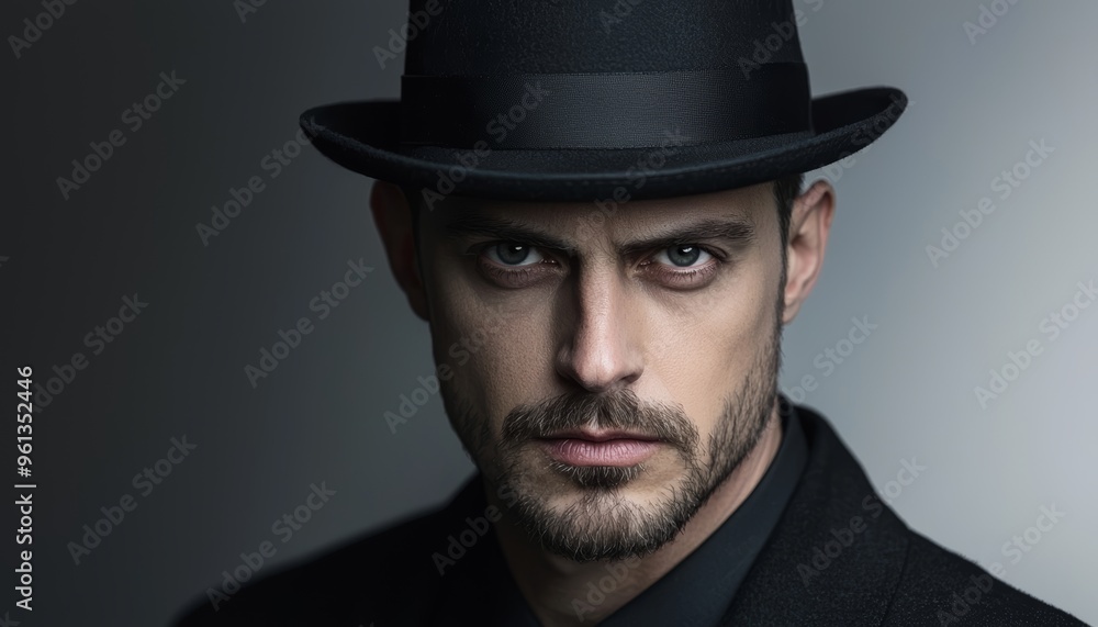 Stylish man in a black hat and formal attire, intense expression ...