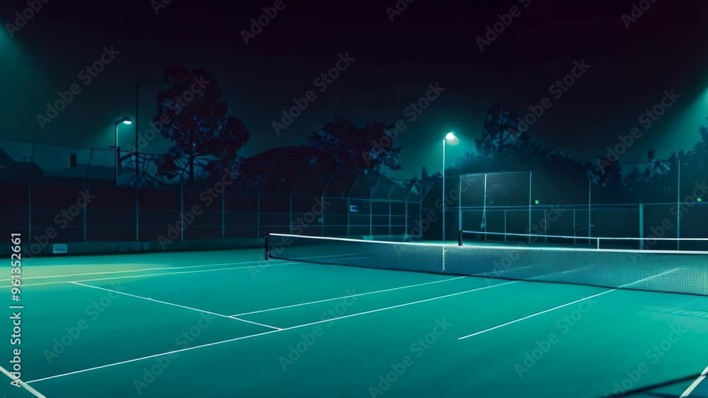 A minimalist photograph of a tennis court at night, illuminated by ...