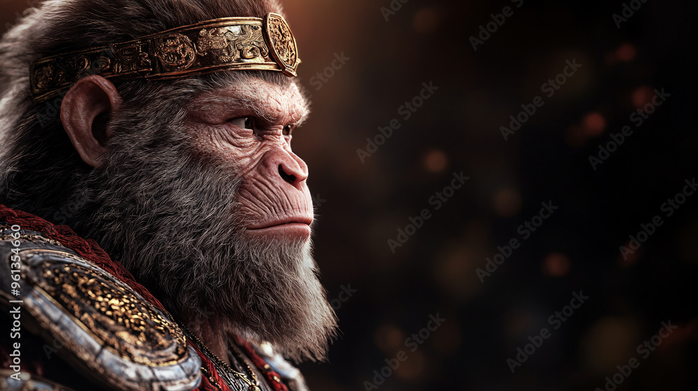 A battle-hardened Sun Wukong is depicted mid-strike, his magical staff ...