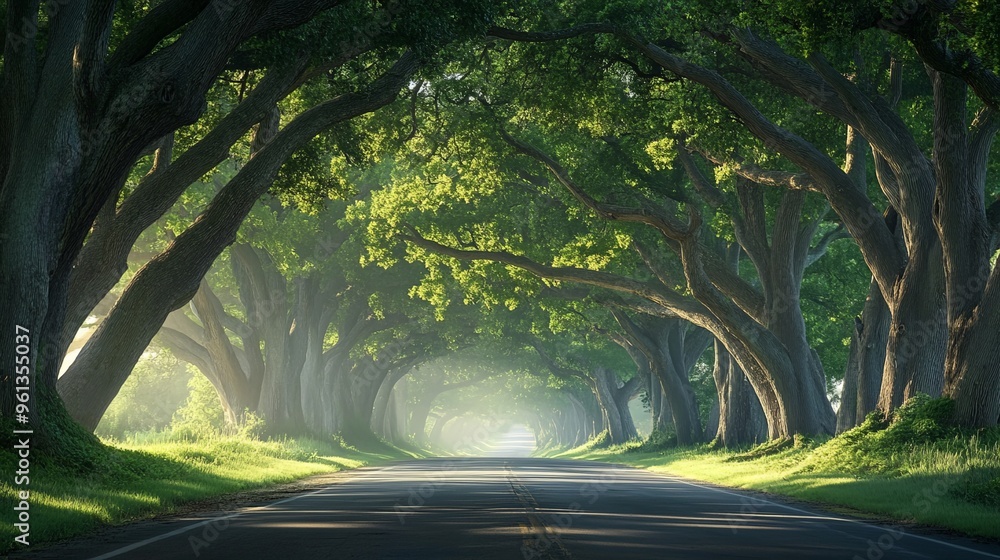 Envision a road lined with ancient oak trees, their branches forming a ...