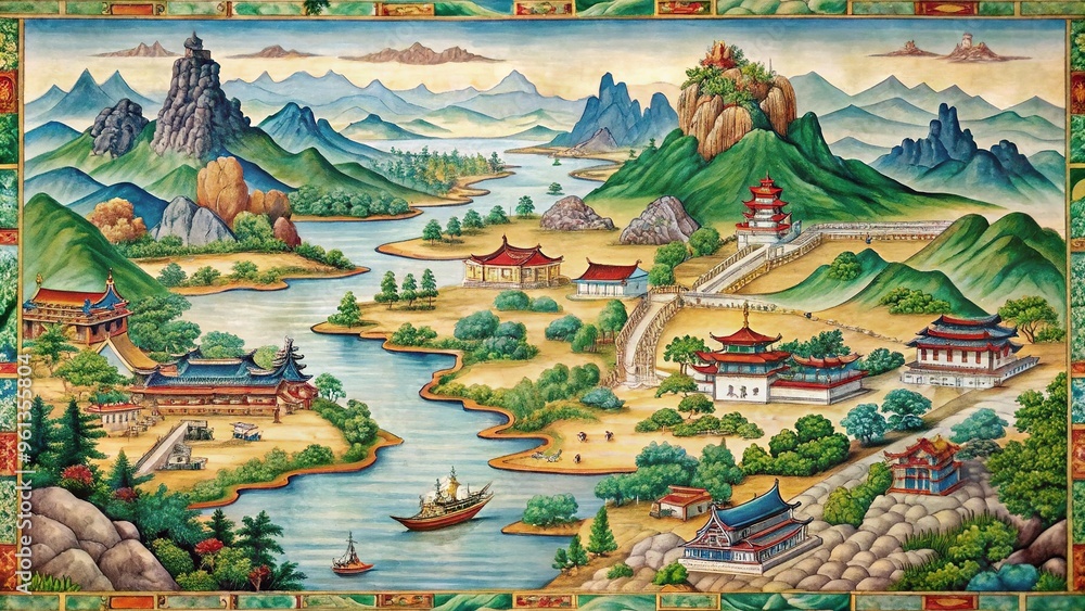 Vintage illustration of ancient China's geographical landscape ...