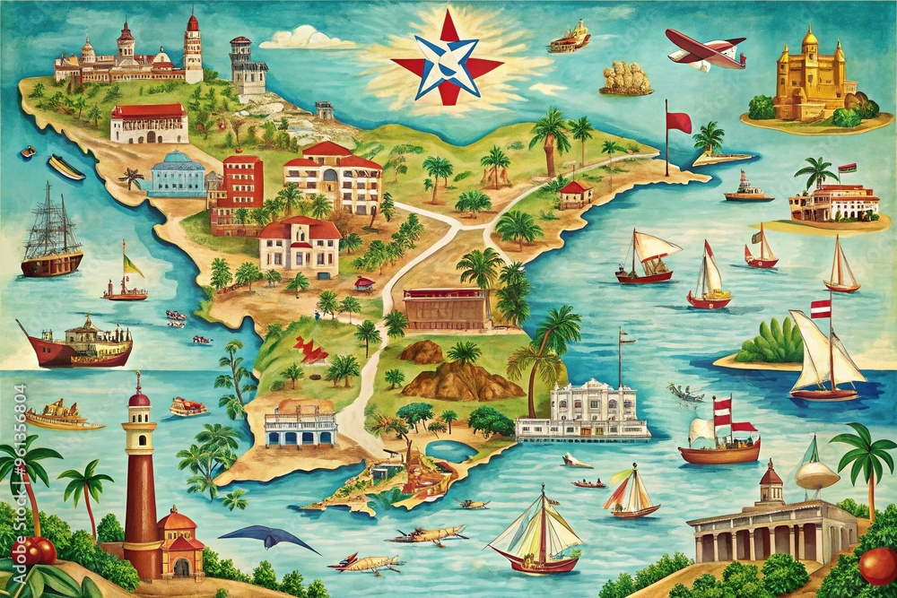 Vintage-style detailed map of Cuba features colorful illustrations of ...