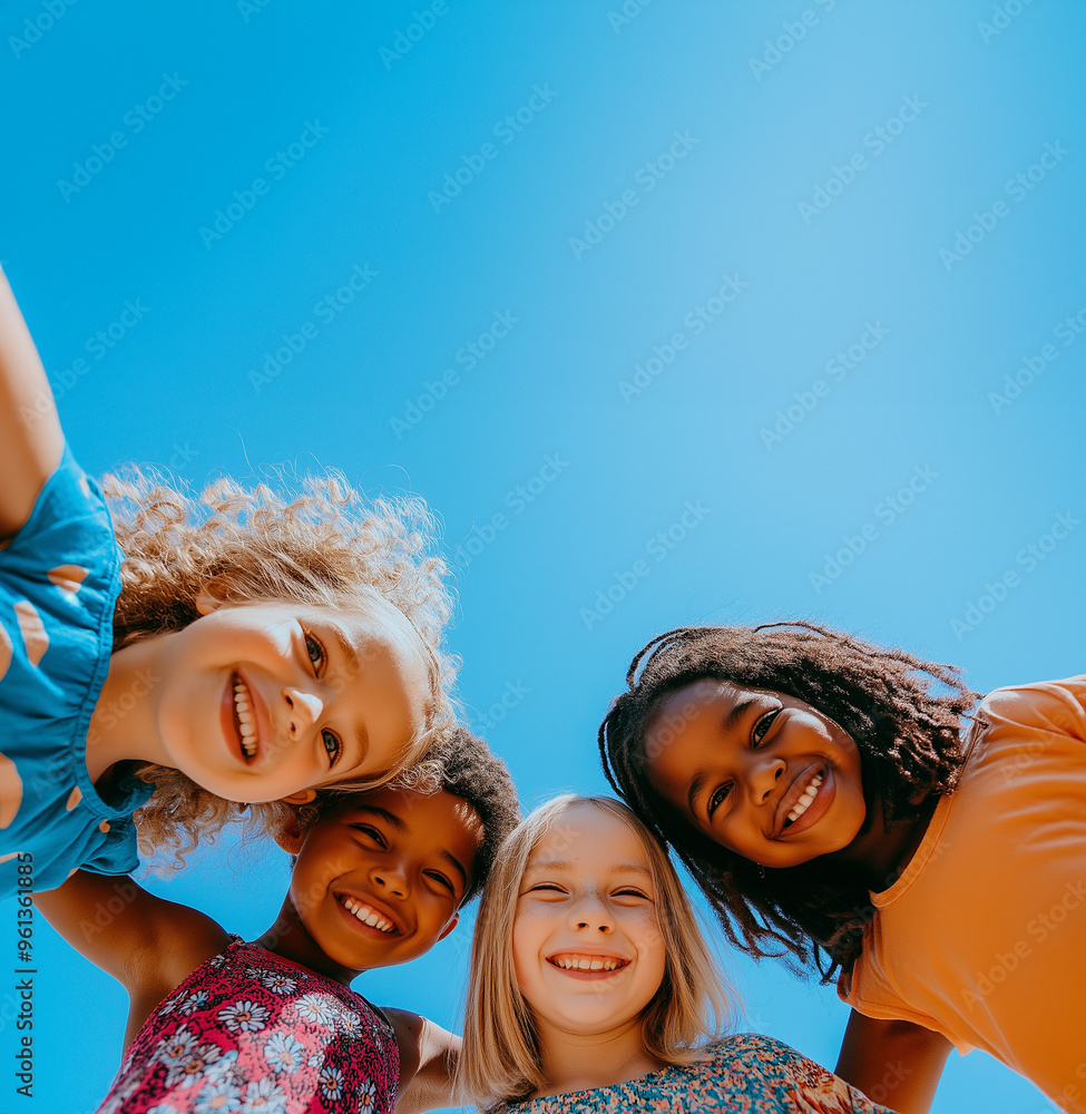 A photo of diverse, happy children looking down at the camera, smiling ...