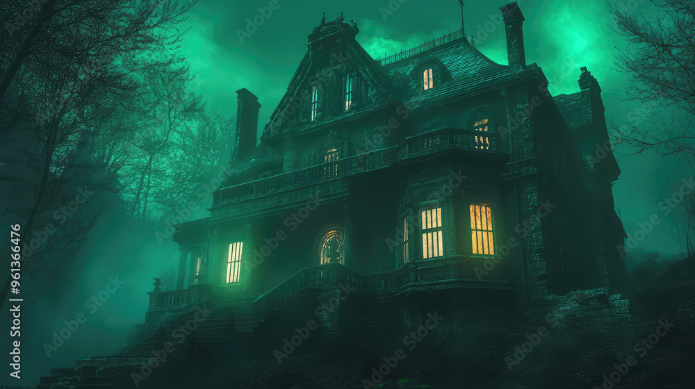 A spooky haunted house with eerie green light spilling out from the ...