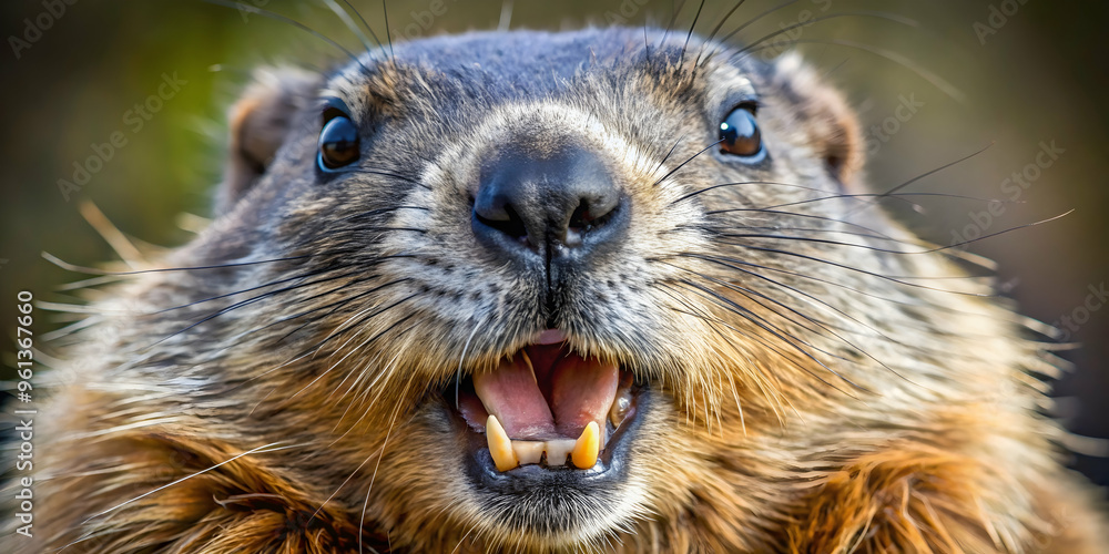 Groundhog Day: A close-up portrait of a groundhog with its mouth open ...