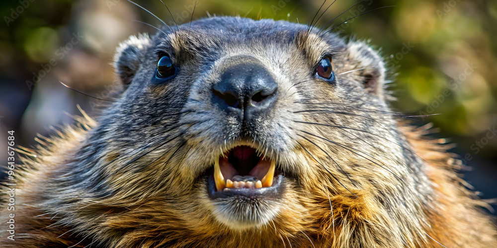 Groundhog Day: A close-up portrait of a groundhog with its mouth open ...