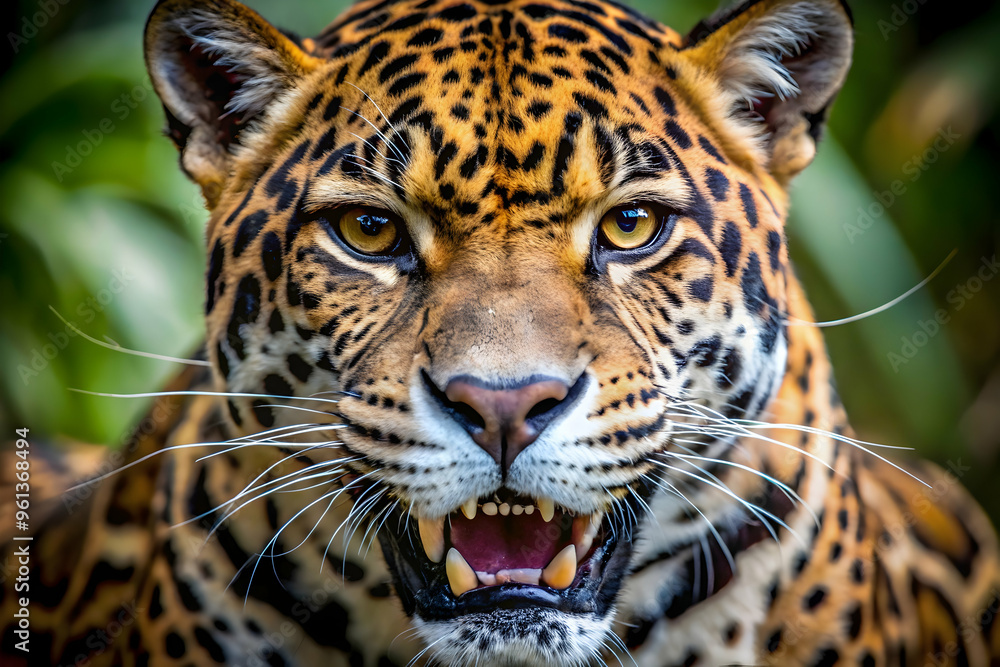 Jaguar's Fierce Gaze: A close-up portrait of a majestic jaguar with its mouth agape, revealing ...