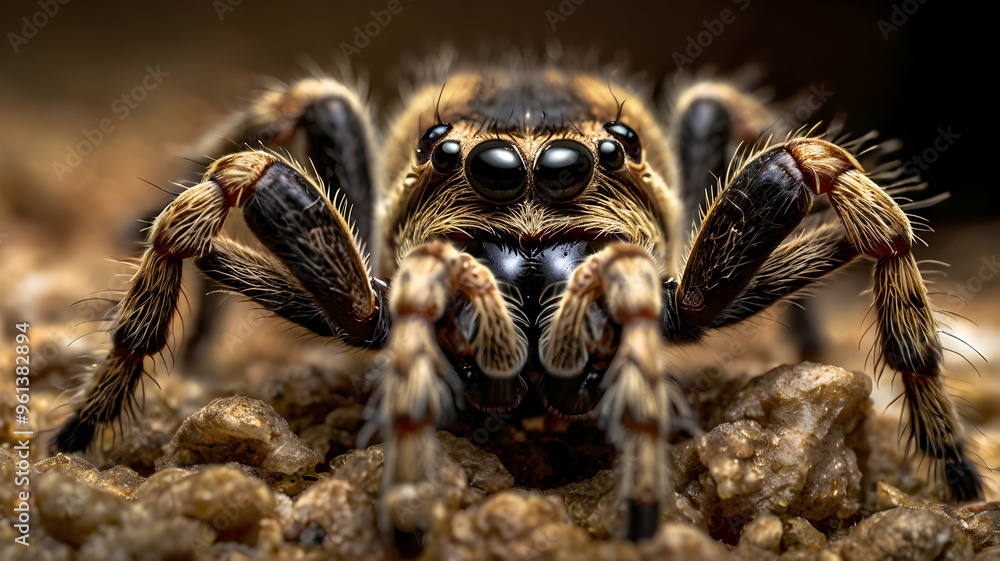 Eight-Eyed Enigma: A golden brown spider stares intently from the earth ...