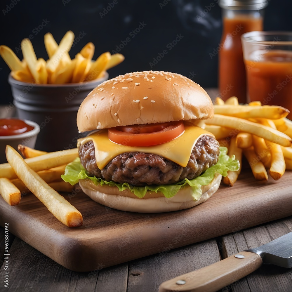 Burger banner. Spicy fast food in fire, hot burn chicken in flame with ...