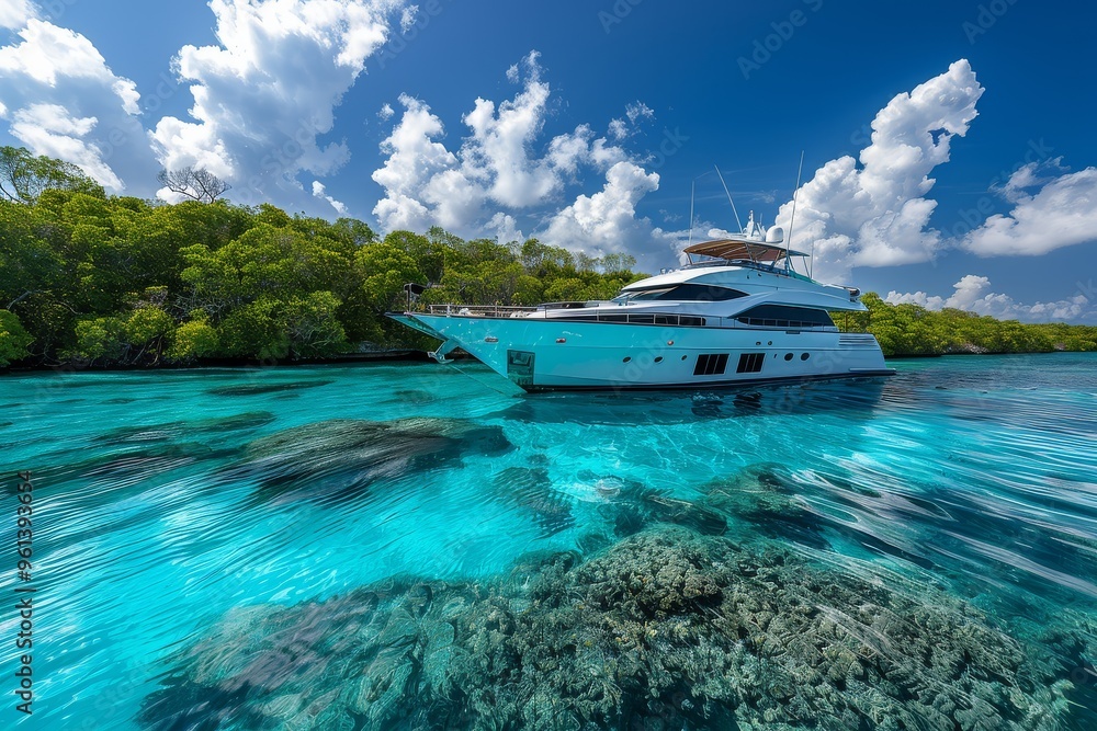 Luxury yacht with black accents navigating turquoise waters near coral ...