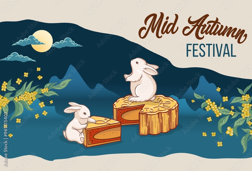 Chinese Mid Autumn Festival celebration vector illustration, couple cute rabbit eating mooncakes ...