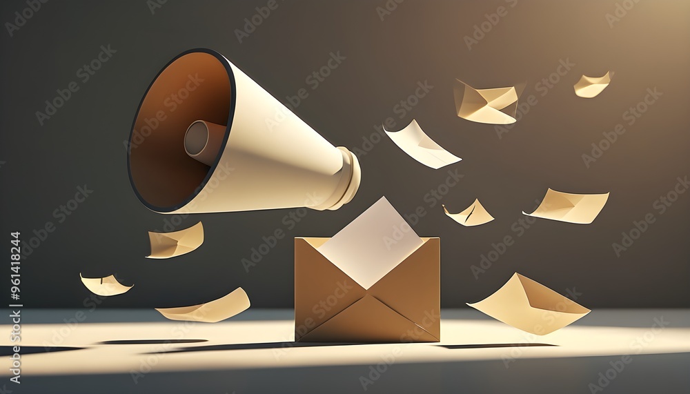 Dynamic graphic design with a megaphone and floating papers emerging ...
