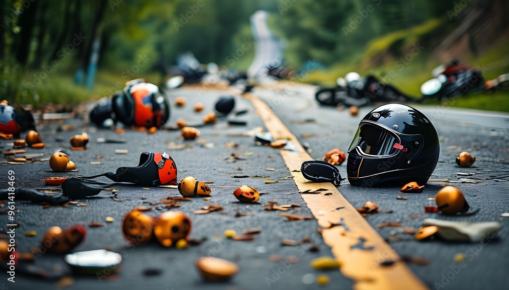 Devastating motorcycle accident scene with a damaged bike on the road ...