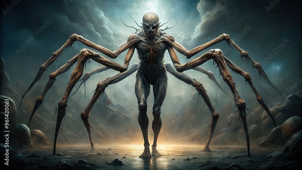 A eerie, shadowy humanoid spider creature stands upright on eight legs ...