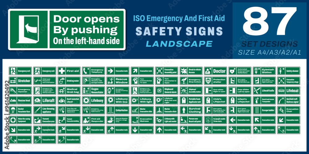 87 set iso emergency and first aid safety signs v22 door opens by ...