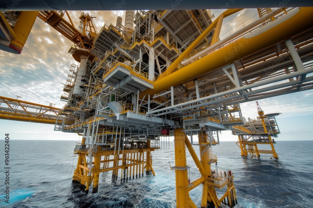 Offshore oil and gas wellhead platform supplying raw materials to ...