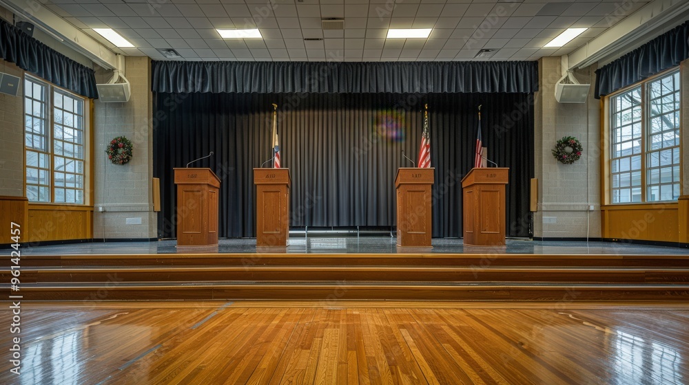 A detailed view of a school assembly stage setup, with podiums ...