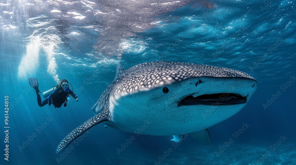 A diver swimming alongside a gentle whale shark, capturing the scale ...
