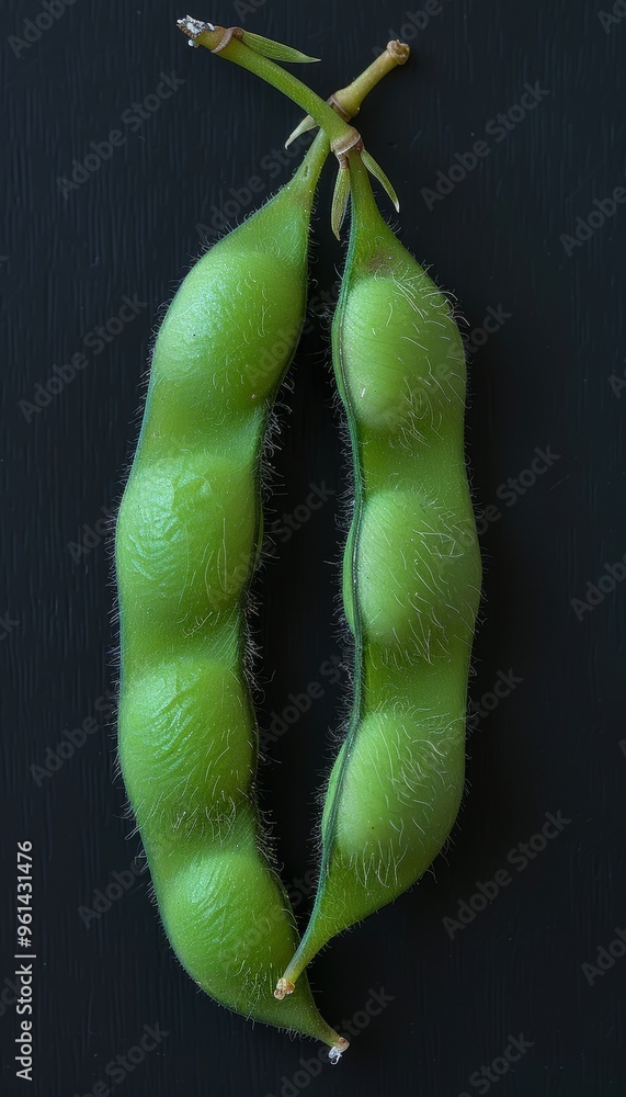 Two Seed Pods of Edamame, or Soybeans, Opened to Show Full, Ripe Beans ...