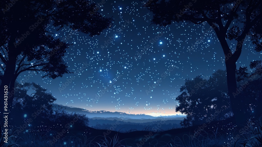 A vibrant image of a nature reserve night scene with starlit sky and ...