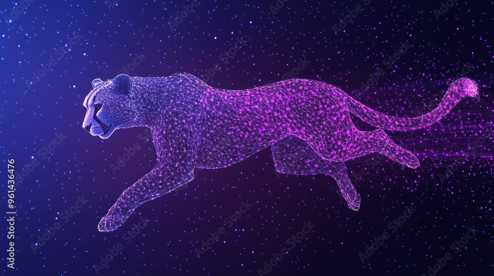 High speed concept. Cheetah in motion in the form of a starry sky or ...