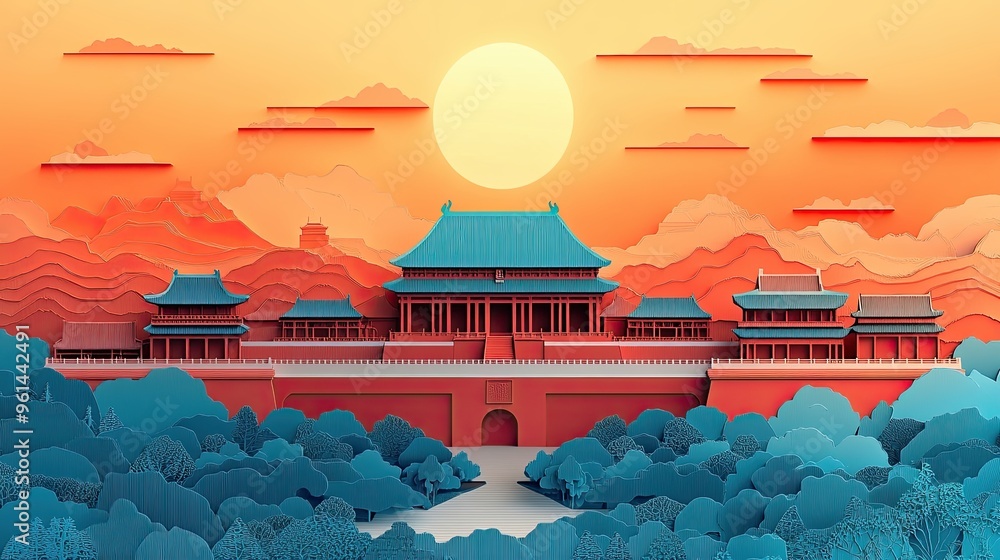 7. A 3D paper cut illustration of the Forbidden City in Beijing, with ...
