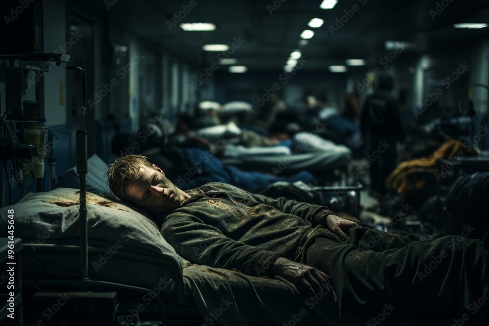A soldier wounded in battle lies in a bed in a military hospital. The ...