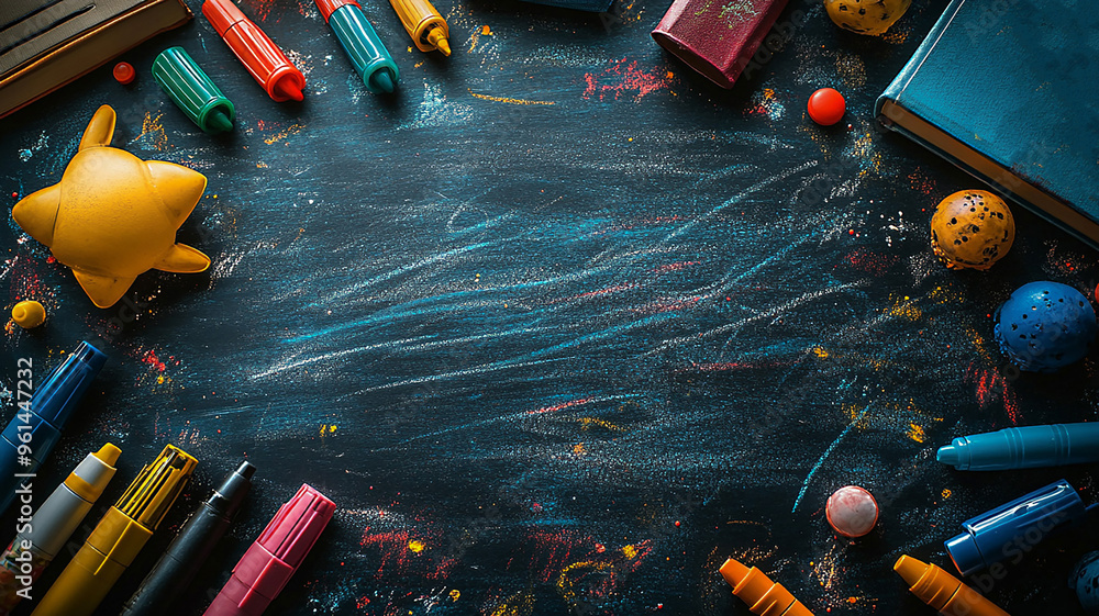 Chalkboard texture background featuring colorful doodles of markers ...