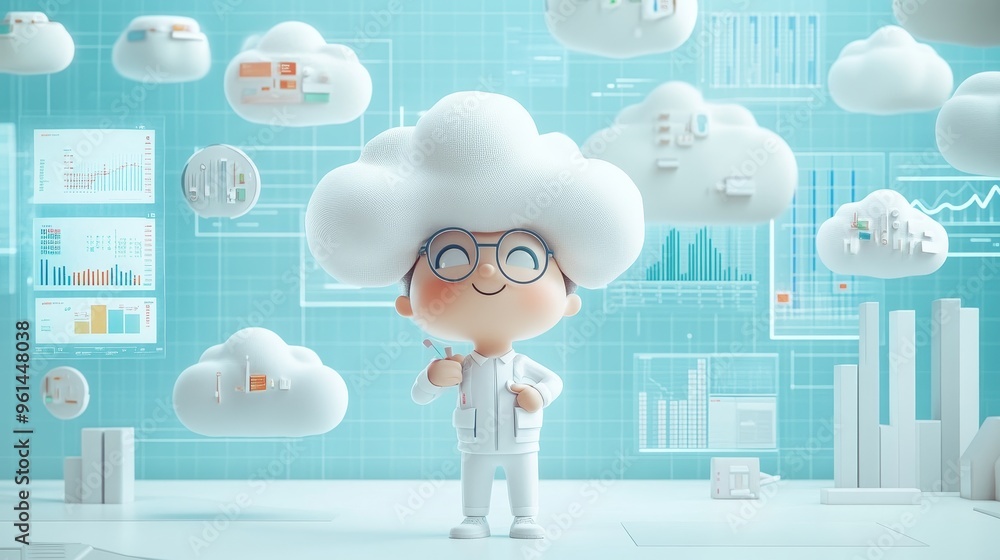 A 3D cartoon data analyst wearing a cloud-shaped hat stands in front of ...