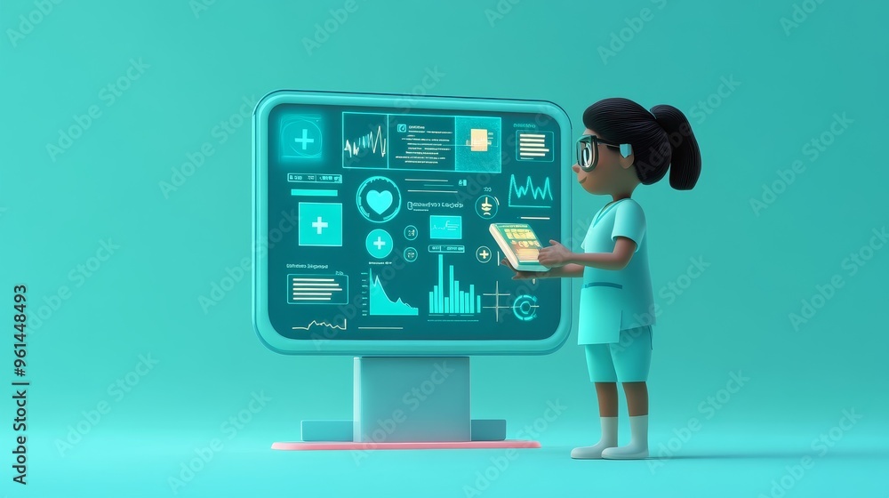 A 3D cartoon nurse is reviewing data on a computer screen, highlighting ...