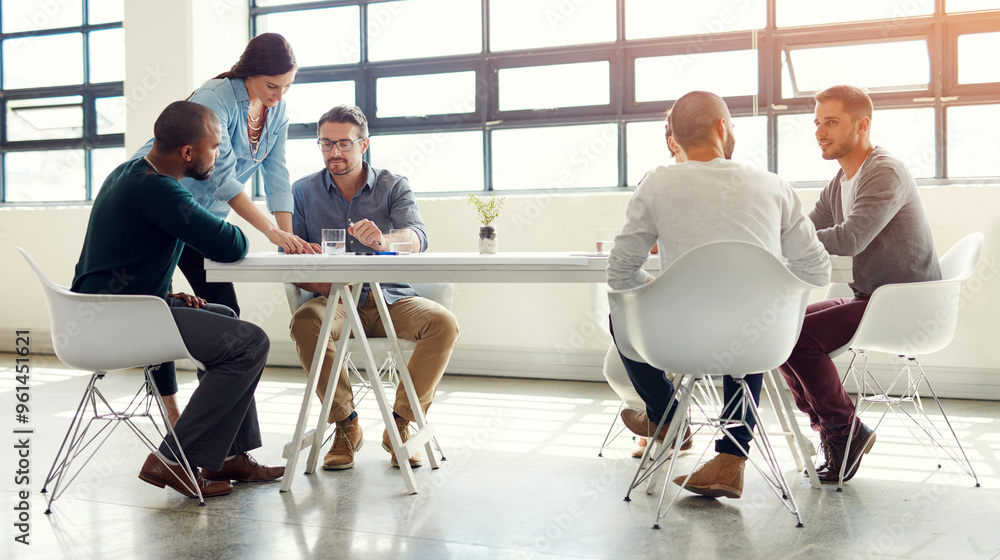 Group, woman and reading in meeting, boardroom and news anchor with ...