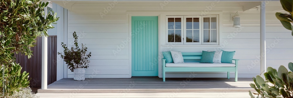 A charming beach hut with a modern twist, featuring a welcoming veranda ...