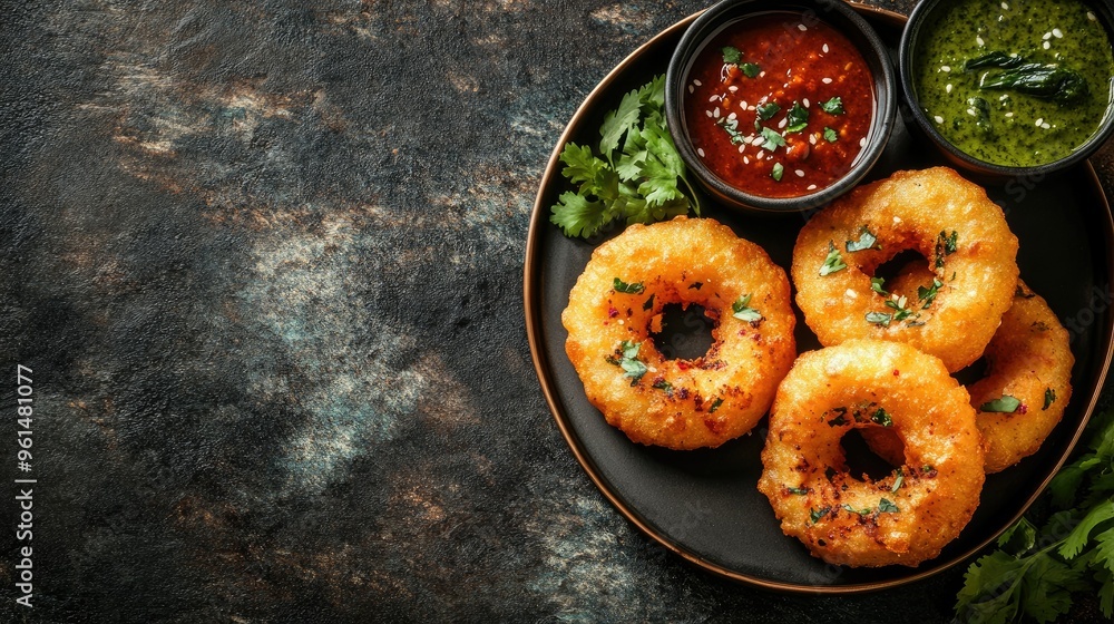 Medu vada served with a side of sambar and coconut chutney. Top view ...