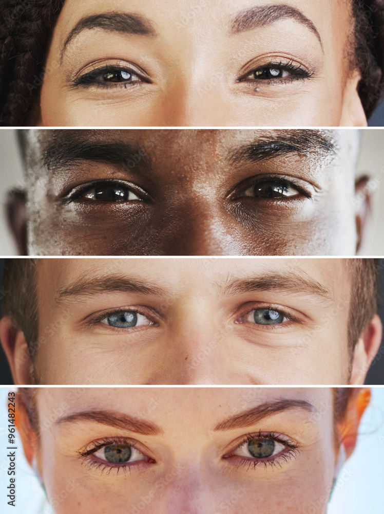 People, portrait and eyes with collage in diversity for equality ...
