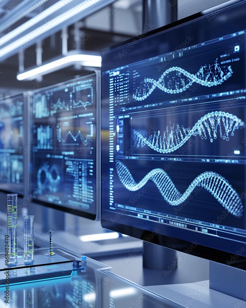 Advanced laboratory setup featuring multiple screens displaying ...