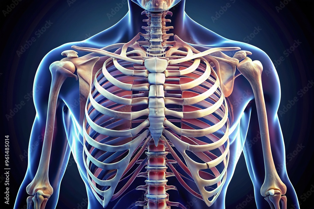 Detailed illustration of the human rib cage, showcasing the sternum ...