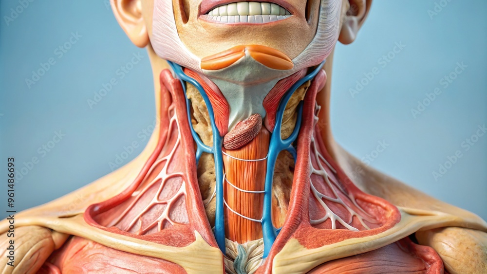 In this detailed anatomy image, a preserved human larynx specimen is ...