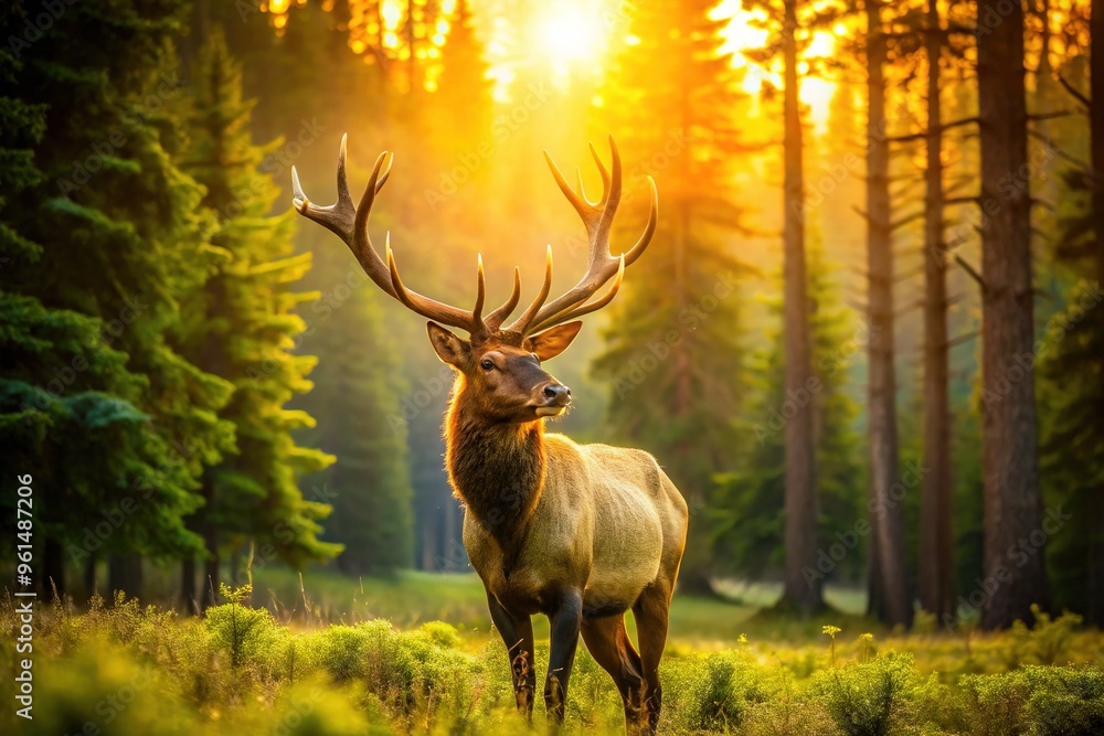 Majestic elk with impressive antlers stands proudly in a serene forest ...