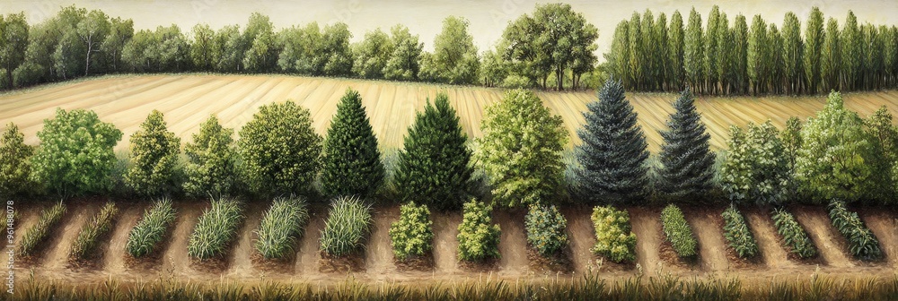 A picturesque depiction of agroforestry, showcasing the integration of ...
