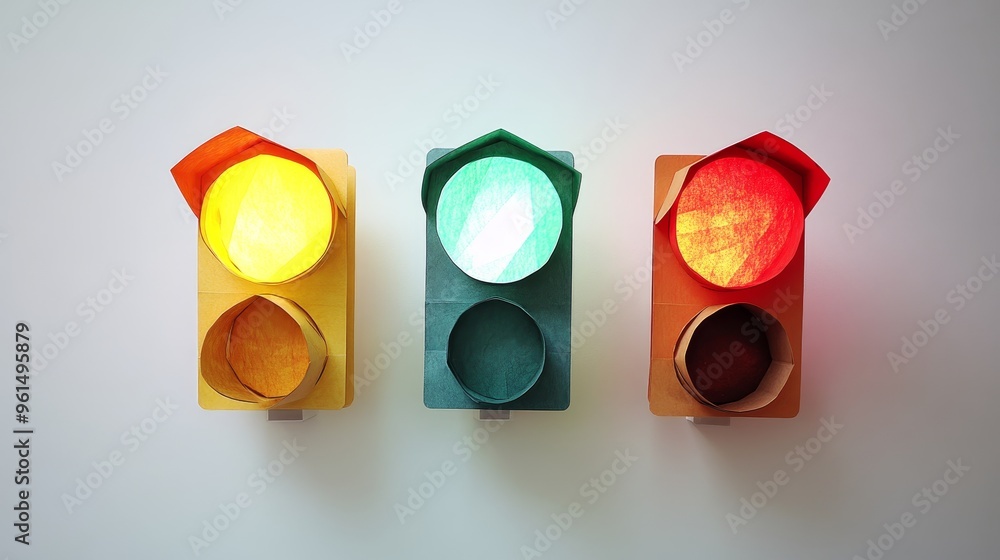 A stoplight made of folded paper with colorful signals representing red ...