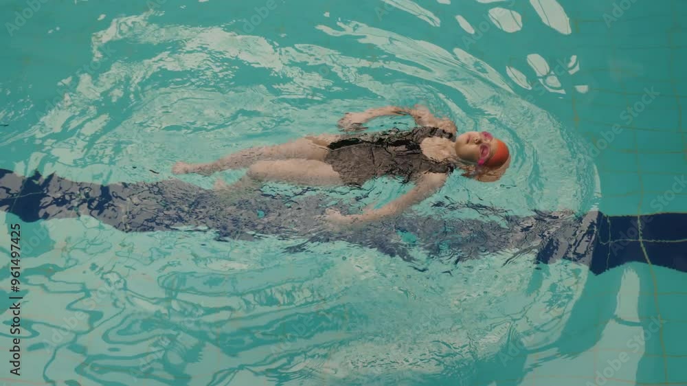A young girl is learning to swim on her back in an indoor pool. She is ...