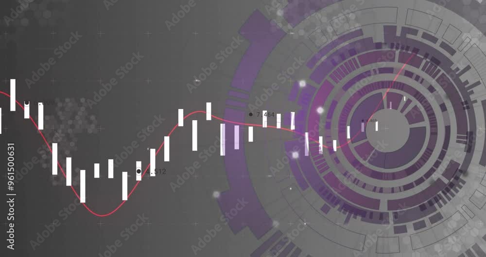 Candlestick chart and data visualization over abstract circular ...
