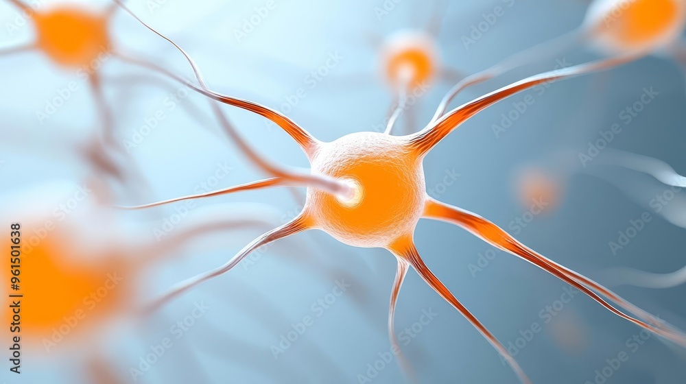 Motor neuron, connecting to muscle cell at neuromuscular junction, 3D ...