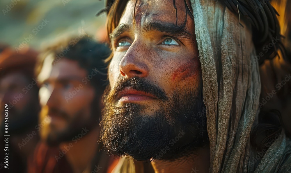 A close up of Jesus' face. He is looking up at the sky with a look of ...